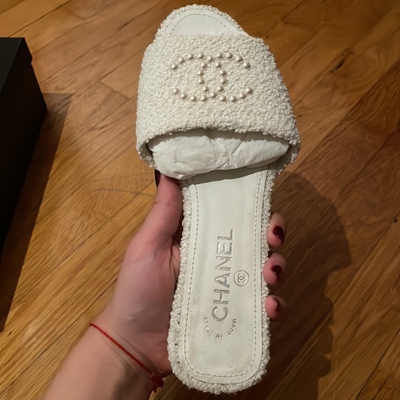 CHANEL | Shoes | Chanel White Tweed Mules Slides Sandals 22c Rare And ...
